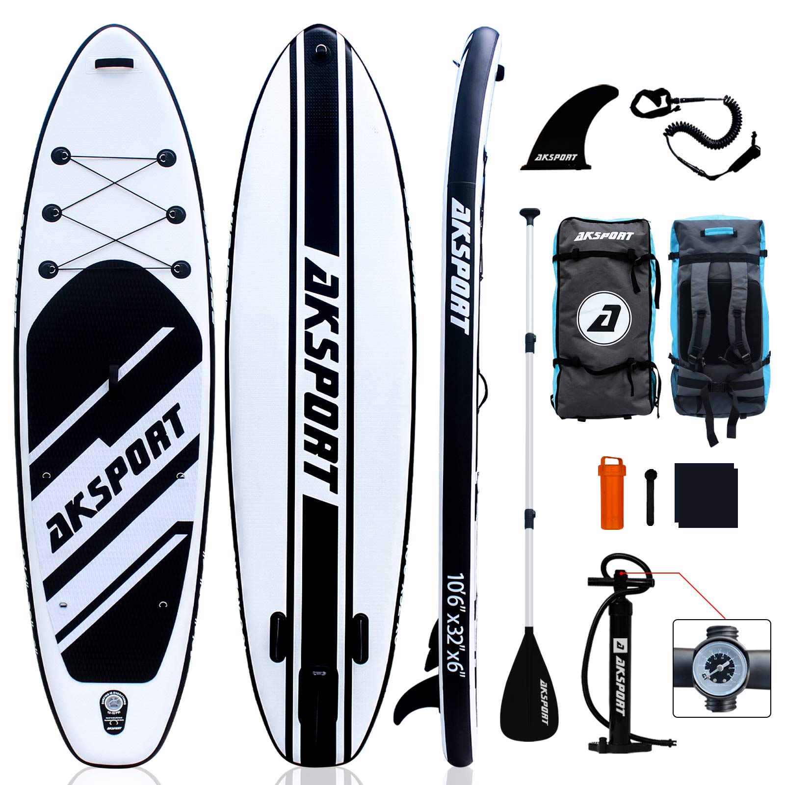 AKSPORT 10'6"×32"×6" Inflatable Stand Up Paddle Board with Premium Non-Slip Deck,Travel Backpack,Adjustable Paddle,Pump,Leash for Youth & Adult Ultra-Light Surfing SUP Boards