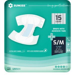 sunkiss trustplus adult diapers with maximum absorbency, unisex disposable incontinence briefs with tabs for men and women, odor control, small/medium, 15 count