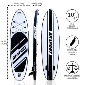 AKSPORT 10'6"×32"×6" Inflatable Stand Up Paddle Board with Premium Non-Slip Deck,Travel Backpack,Adjustable Paddle,Pump,Leash for Youth & Adult Ultra-Light Surfing SUP Boards