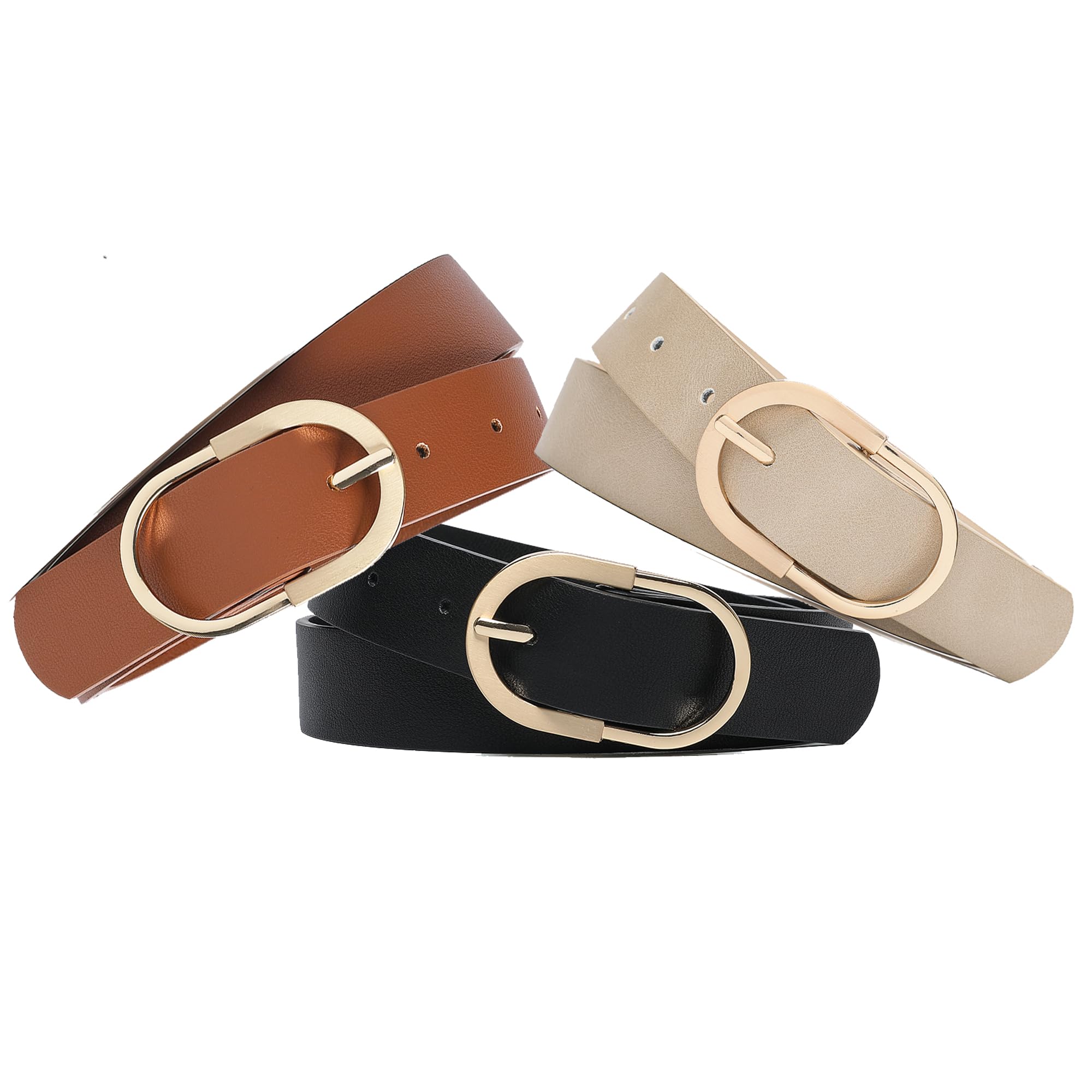 Tanpie Womens Leather Waist Belts for Jeans Pants with Gold Buckle Beige Small