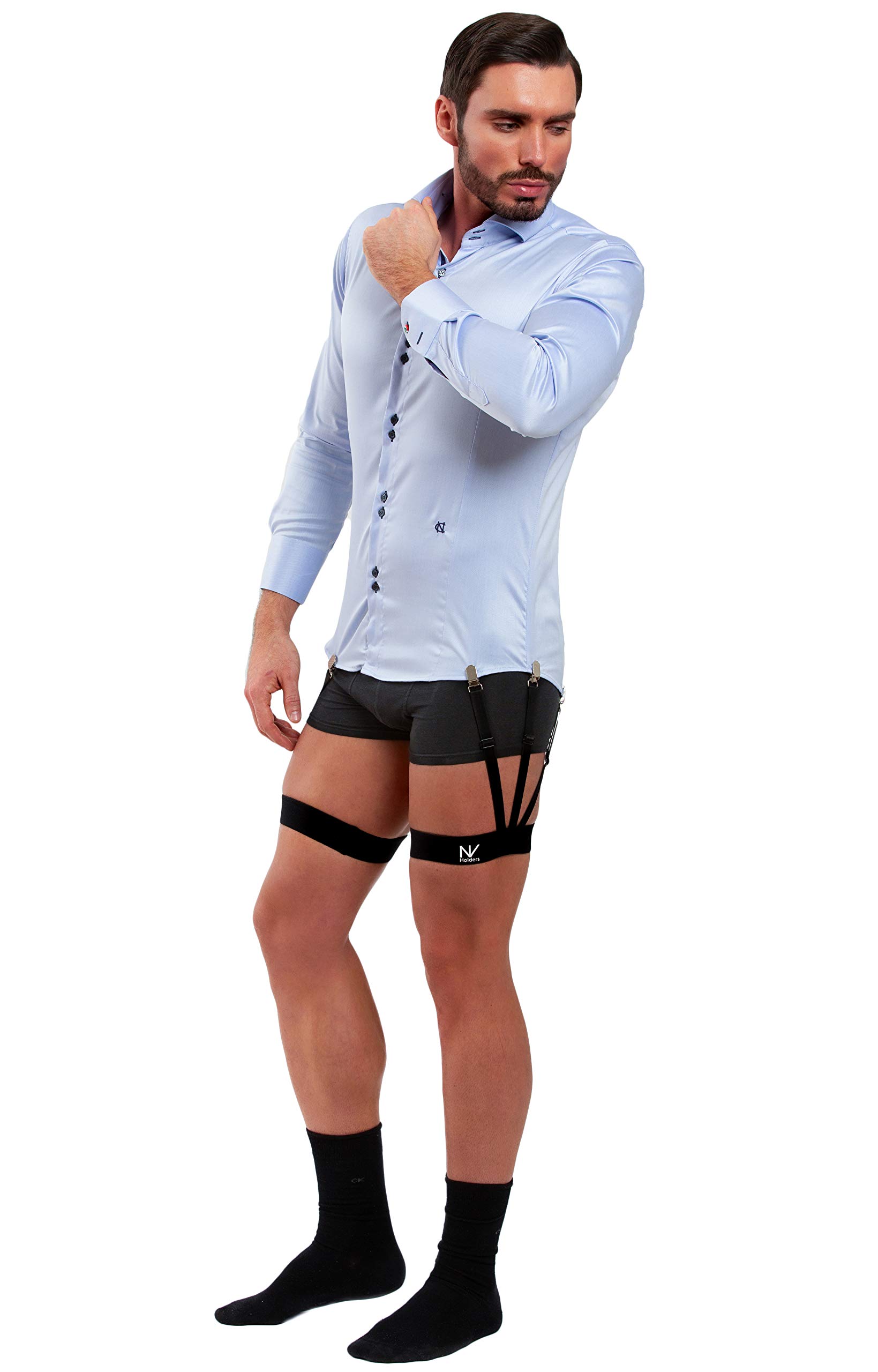 NV Holders Improved 2.0, with improved clasps; premium shirt stays, shirt holders, shirt garters, shirt tuckers for men (Black, Medium (21.5-23.5 inches on thigh's thickest part))