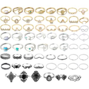 csiyanjry99 boho gold&silver ring sets star moon knuckle rings for women multiple rings bulk pack stackable midi finger rings set (62pcs)