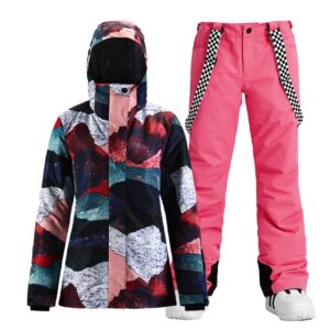 gsou snow women's ski jacket and pants snowboarding snowsuit coat insulated waterproof windproof,color spot pink l