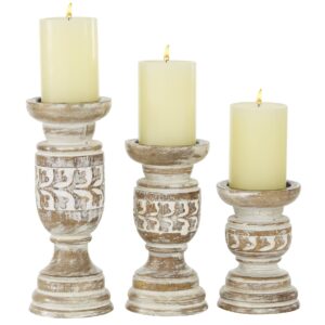 deco 79 wood handmade candle holder with carved designs, set of 3 6", 8", 10"h, beige