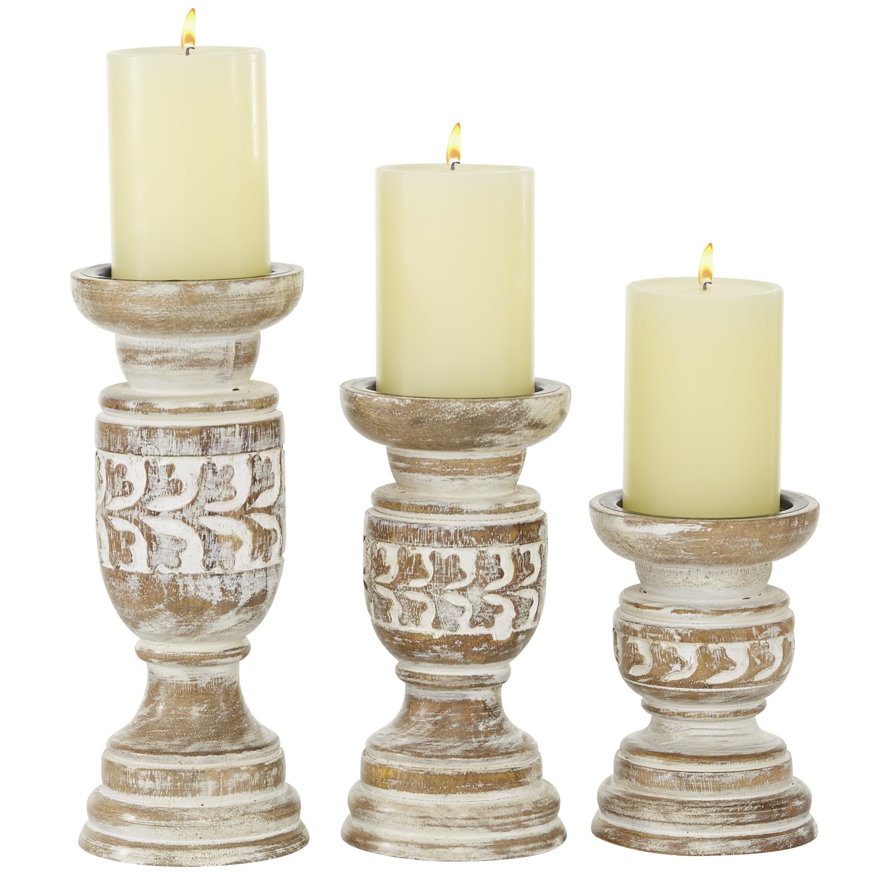 Deco 79 Wood Handmade Candle Holder with Carved Designs, Set of 3 6", 8", 10"H, Beige