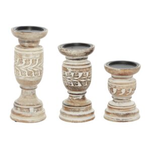 Deco 79 Wood Handmade Candle Holder with Carved Designs, Set of 3 6", 8", 10"H, Beige