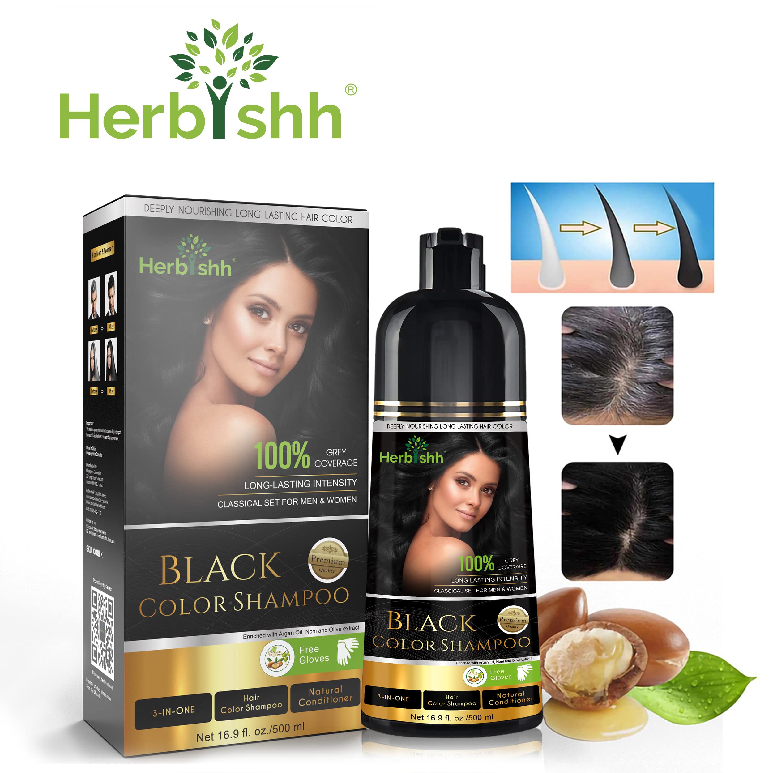 Herbishh Hair Color Shampoo for Gray Hair – Magic Hair Dye Shampoo – Colors Hair in Minutes–Long Lasting–500 Ml–3-In-1 Hair Color–Ammonia-Free (Black)