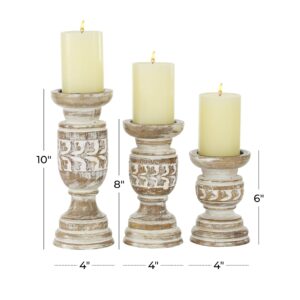 Deco 79 Wood Handmade Candle Holder with Carved Designs, Set of 3 6", 8", 10"H, Beige