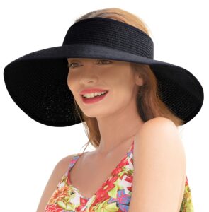 summer sun visor hats for women wide brim hat womens travel roll up straw visors beach foldable women, black