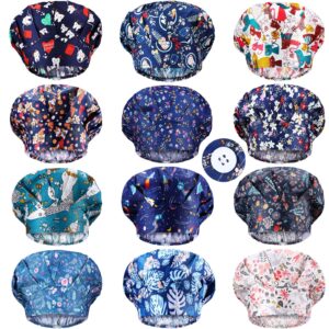 geyoga 12 pieces bouffant caps for women adjustable tie back hats with button and sweatband printed caps for men women (cute pattern)