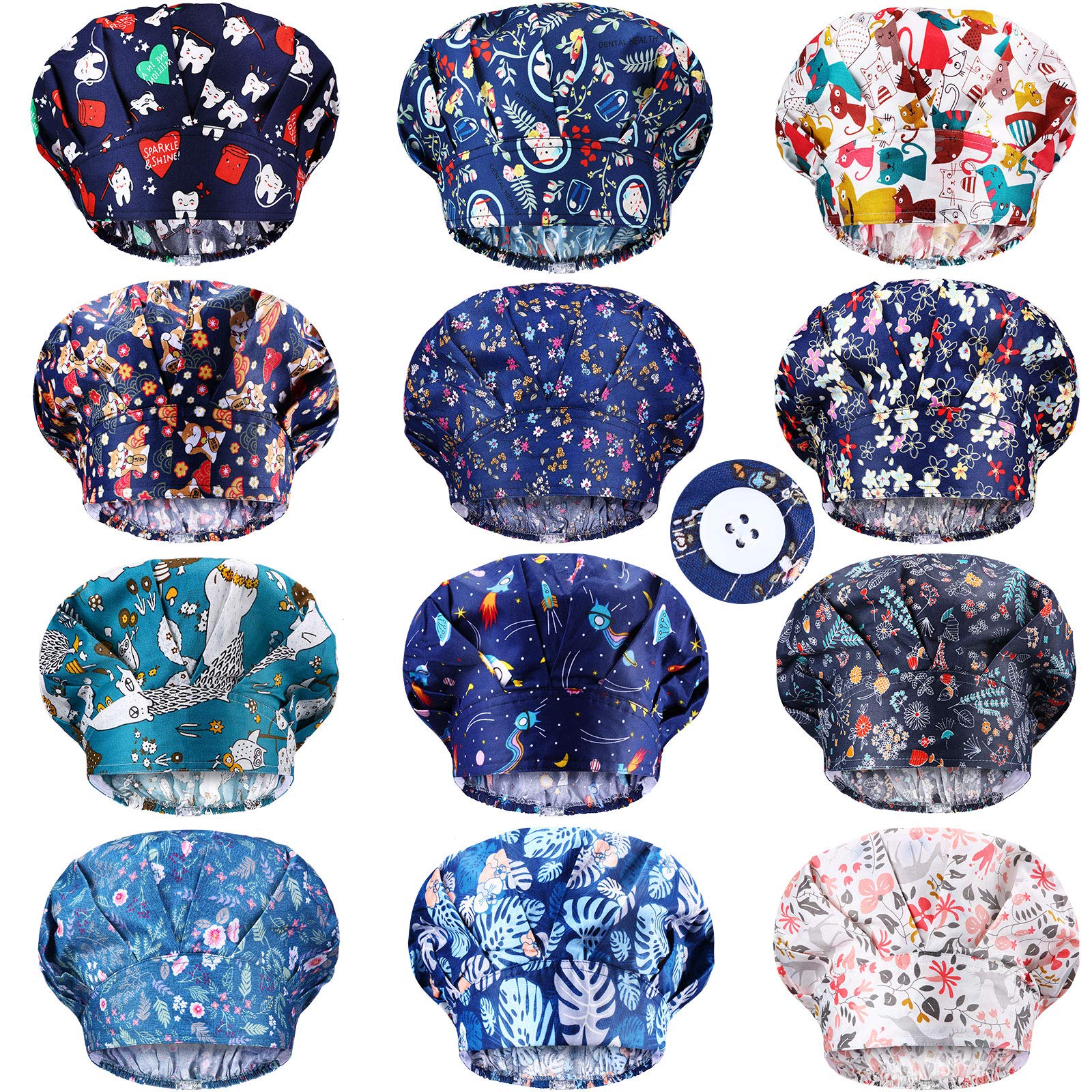 Geyoga 12 Pieces Bouffant Caps for Women Adjustable Tie Back Hats with Button and Sweatband Printed Caps for Men Women (Cute Pattern)