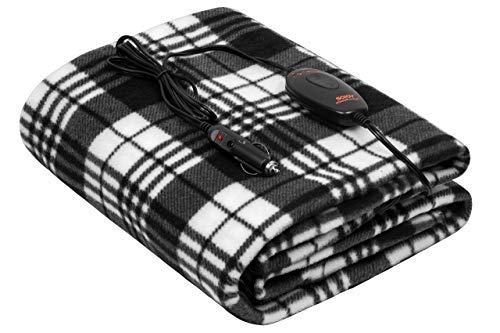 IHEALTHCOMFORT Warm Electric Heated Blanket with Intelligent Temp and 30/45/60mins Auto-Off Timer Controller for Car or RV Road Trip Outdoor Camping(60"x 40")(Black and White)…