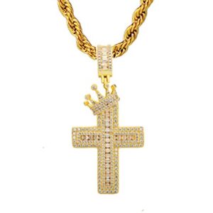 Shop-iGold Baguette King Cross Men Women 925 Italy Gold Finish Iced Silver Charm Ice Out Pendant Stainless Steel Real 2 mm Rope Chain Necklace, Cross Necklace, Cross Chain (20" Chain and Pendant Set)