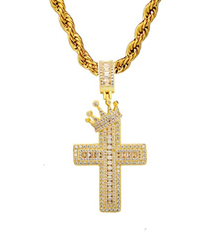 Shop-iGold Baguette King Cross Men Women 925 Italy Gold Finish Iced Silver Charm Ice Out Pendant Stainless Steel Real 2 mm Rope Chain Necklace, Cross Necklace, Cross Chain (20" Chain and Pendant Set)