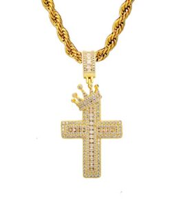 shop-igold baguette king cross men women 925 italy gold finish iced silver charm ice out pendant stainless steel real 2 mm rope chain necklace, cross necklace, cross chain (20" chain and pendant set)