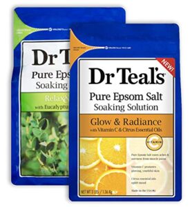 dr teal's pure epsom salt bath variety gift set (2 pack, 3lb ea.) - relax & relief eucalyptus & spearmint, glow & radiance vitamin c & citrus - essential oils soothe the mind, alleviated daily stress