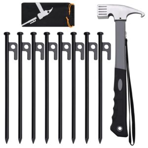 8/10/12/16in tent stakes and hammer set, 8pcs heavy duty forged steel tent stakes + camping hammer + storage pouch, available in rocky place(8pcs 10in stakes and hammer)