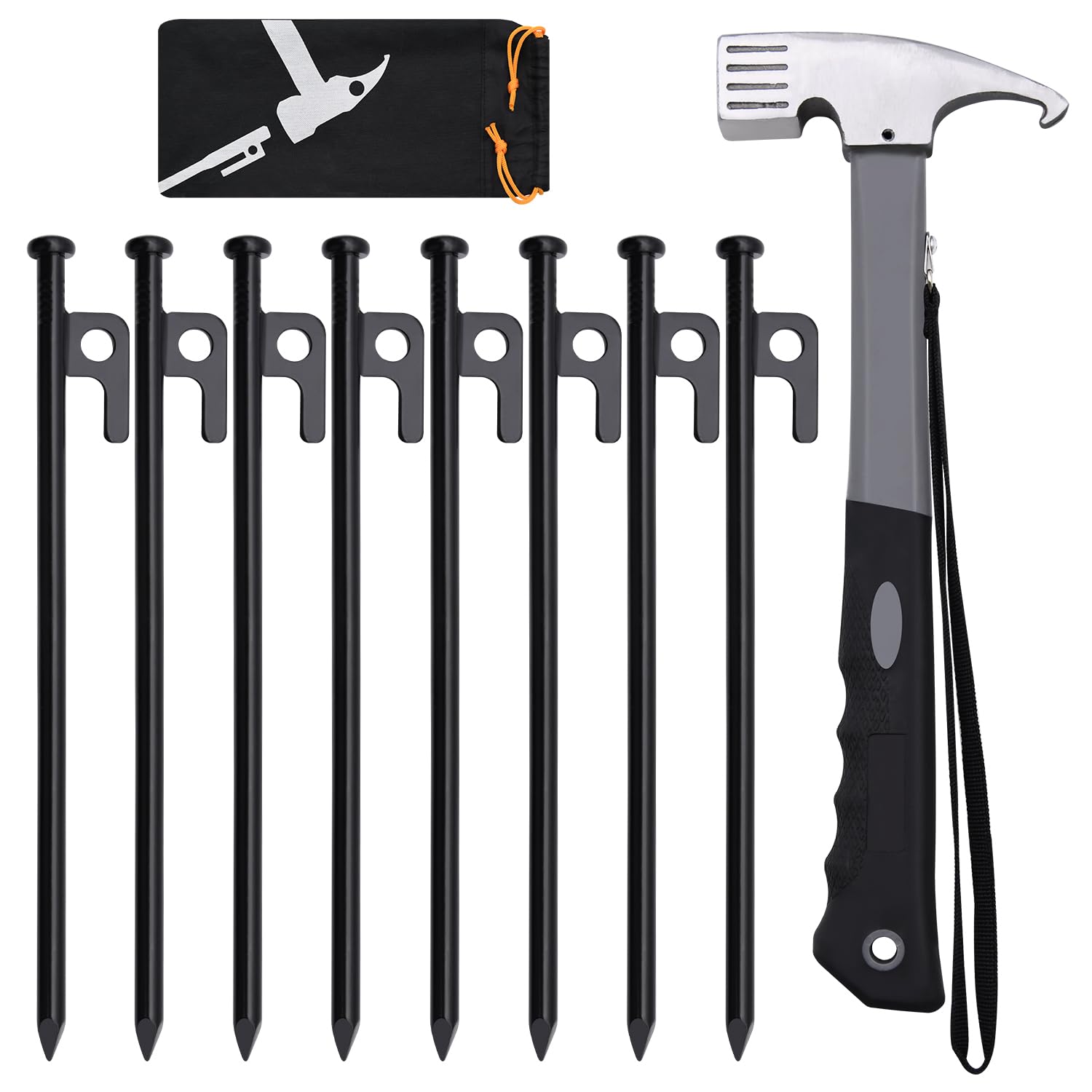 8/10/12/16in Tent Stakes and Hammer Set, 8pcs Heavy Duty Forged Steel Tent Stakes + Camping Hammer + Storage Pouch, Available in Rocky Place(8pcs 10in Stakes and Hammer)