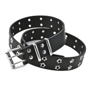 yalice double grommet leather belts for women star studded belt for jeans pants punk waist belt for men (black)