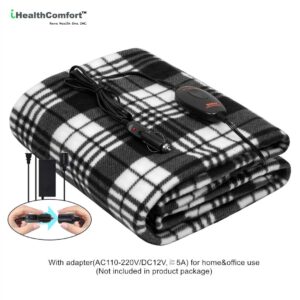 IHEALTHCOMFORT Warm Electric Heated Blanket with Intelligent Temp and 30/45/60mins Auto-Off Timer Controller for Car or RV Road Trip Outdoor Camping(60"x 40")(Black and White)…