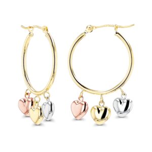 14k tri-color gold dangling hearts hoop earring