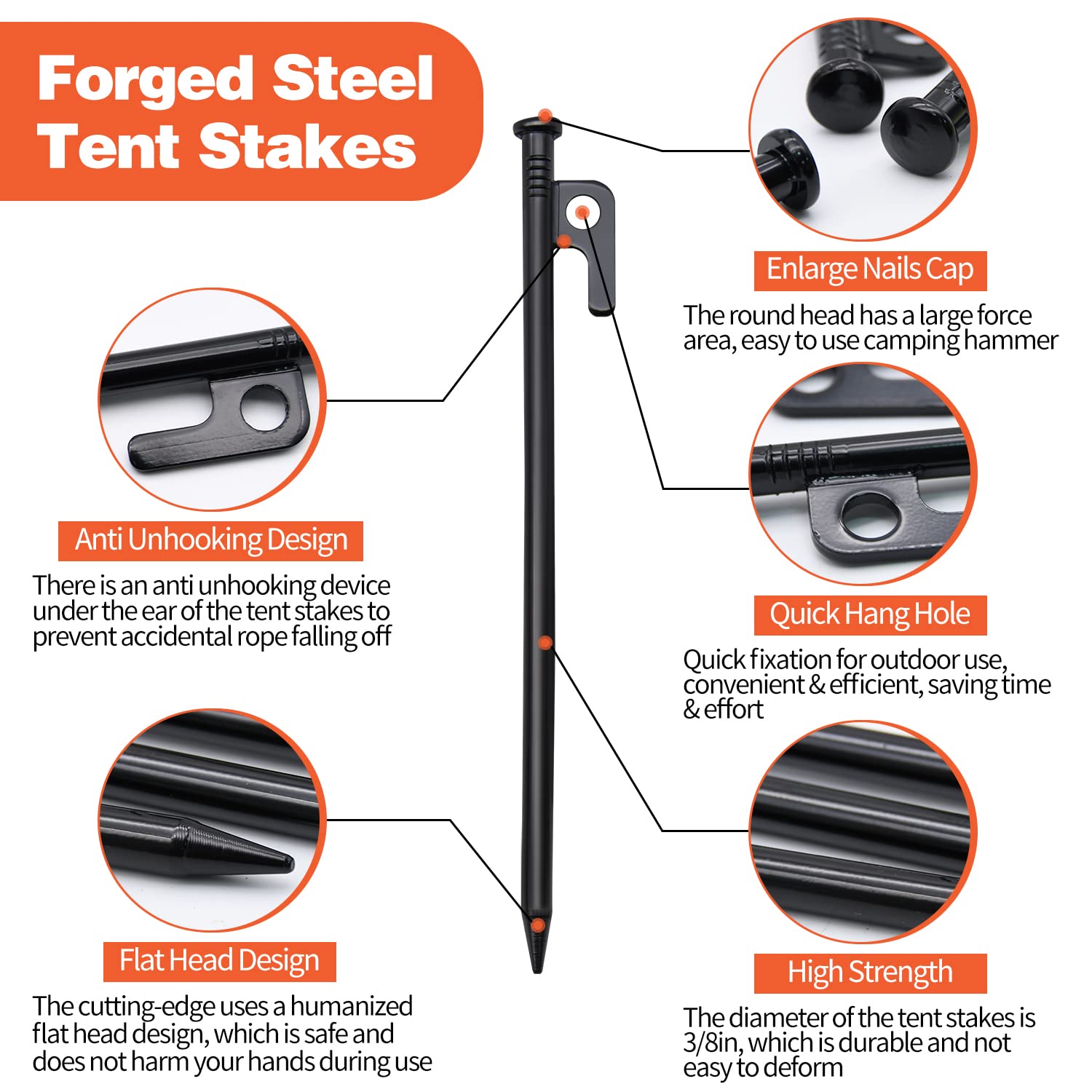 8/10/12/16in Tent Stakes and Hammer Set, 8pcs Heavy Duty Forged Steel Tent Stakes + Camping Hammer + Storage Pouch, Available in Rocky Place(8pcs 10in Stakes and Hammer)