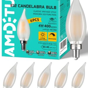 AMDTU E12 40 Watt Equivalent Frosted Small Base LED Bulb Candelabra Candle CA10 Dimmable Chandelier Light Ideal for Dining Rooms Living Rooms and bedrooms Long Lasting Light for Cozy Settings