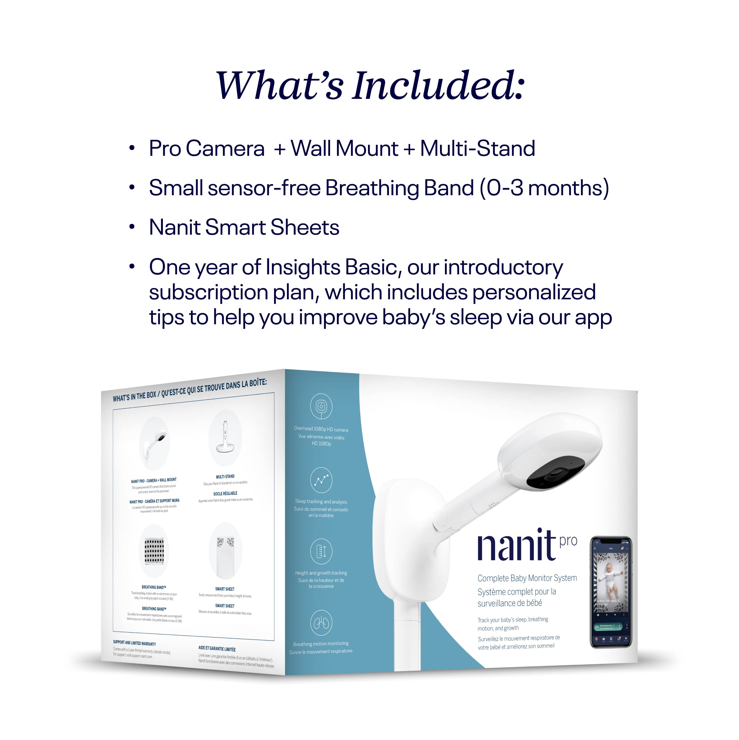 Nanit Pro Complete Monitoring System – Includes Wi-Fi HD Video Camera w/Nightlight and Night Vision, Multi-Stand, Smart Sheets & Breathing Wear Band - Tracks Infant Sleep, Breathing Motion, & Height