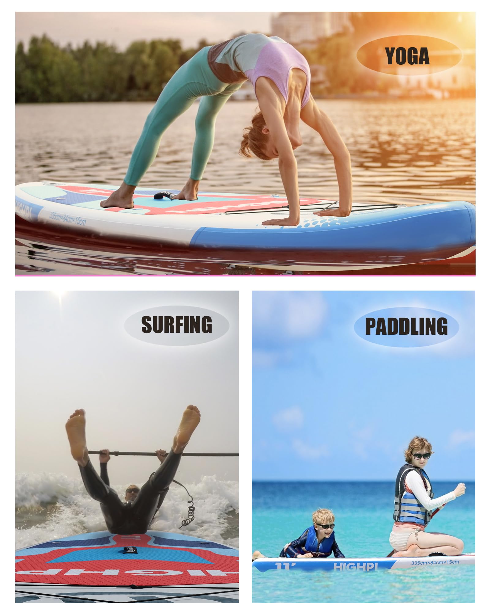 HIGHPI Inflatable Paddle Boards, 11'x33''x6'' SUP for Adults&Youth, Stand Up Paddle Boards with Accessories, Anti-Slip Deck, Stable Durable Lightweight, Suitable for Yoga Fishing Traveling