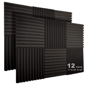 jber 12 pack acoustic foam panels, 1" x 12" x 12" studio soundproofing wedges fire resistant sound proof padding acoustic treatment foam (black)