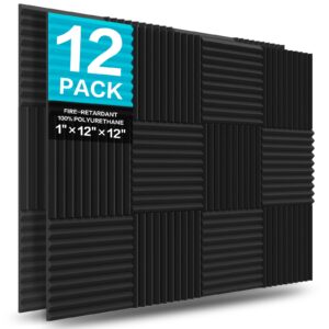 JBER 12 Pack Acoustic Foam Panels, 1" X 12" X 12" Studio Soundproofing Wedges Fire Resistant Sound Proof Padding Acoustic Treatment Foam (Black)