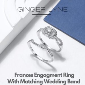 Square Halo CZ Engagement Rings for Women Set Plated White Gold Wedding Rings for Women by Ginger Lyne | Cubic Zirconia Bridal Rings Sets for Her | Half Eternity Wedding Band