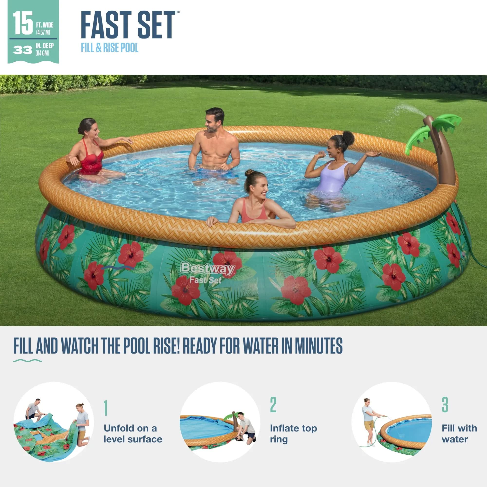 Bestway Fast Set Paradise Palms 15' x 33" Round Inflatable Outdoor Swimming Pool Set with Built-In Palm Tree Sprinkler and Filter Pump