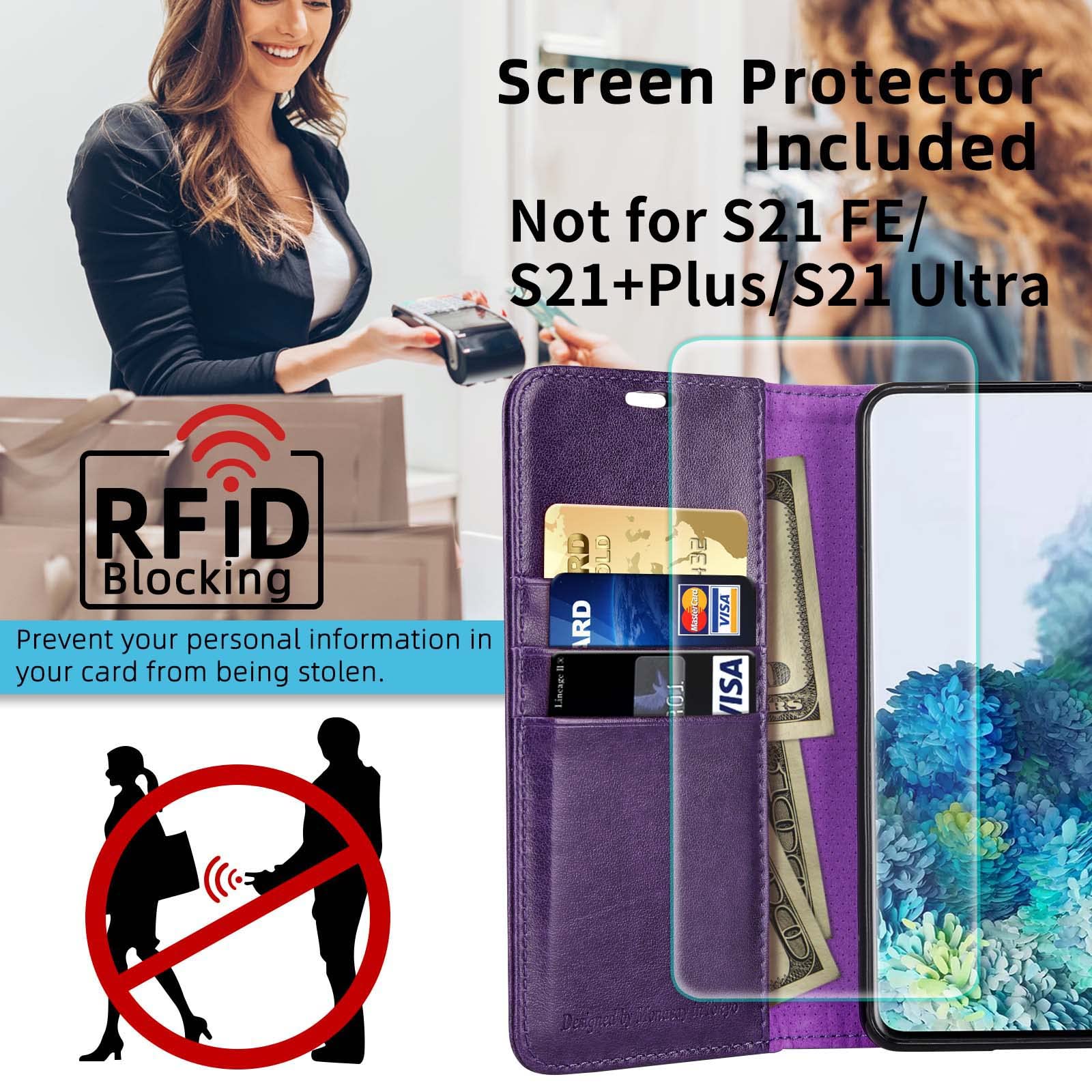 MONASAY Wallet Case Compatible for Galaxy S21 5G, 6.2 inch,[Screen Protector Included][RFID Blocking] Flip Folio Leather Cell Phone Cover with Credit Card Holder, Purple