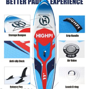 HIGHPI Inflatable Paddle Boards, 11'x33''x6'' SUP for Adults&Youth, Stand Up Paddle Boards with Accessories, Anti-Slip Deck, Stable Durable Lightweight, Suitable for Yoga Fishing Traveling