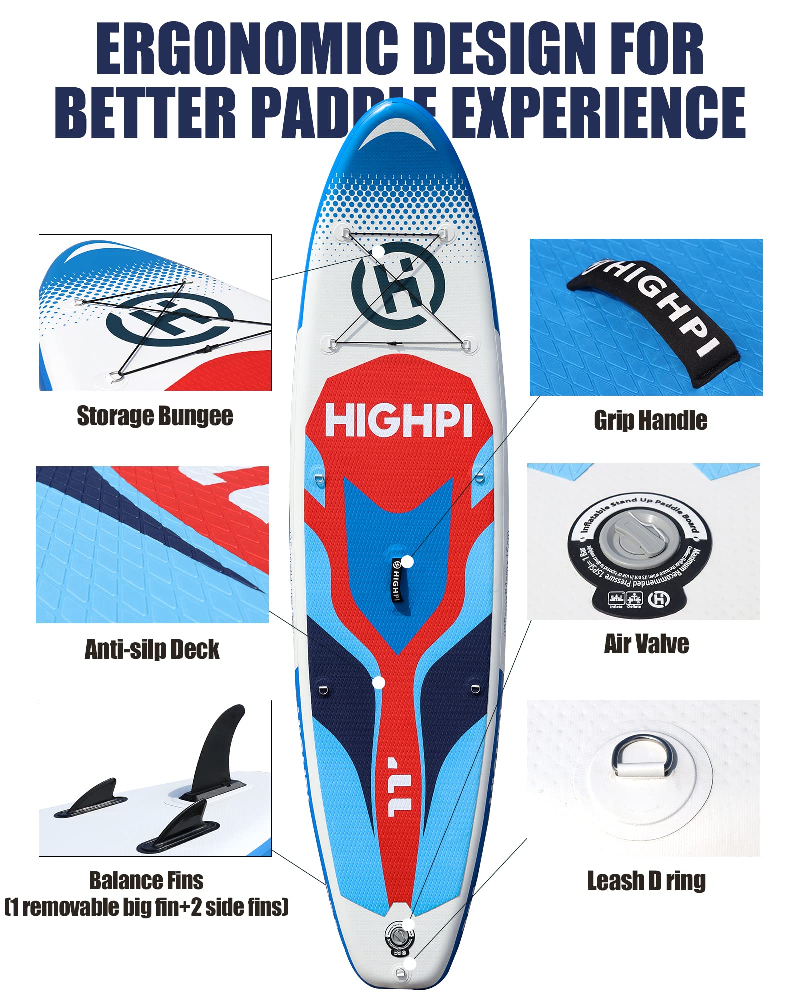 HIGHPI Inflatable Paddle Boards, 11'x33''x6'' SUP for Adults&Youth, Stand Up Paddle Boards with Accessories, Anti-Slip Deck, Stable Durable Lightweight, Suitable for Yoga Fishing Traveling