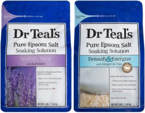 dr teal's pure epsom salt bath variety gift set (2 pack, 3lb ea.) - soothe & sleep lavender, detoxify & energize ginger & clay - essential oils remove harmful toxins from body, promotes better sleep