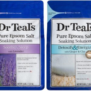 Dr Teal's Pure Epsom Salt Bath Variety Gift Set (2 Pack, 3lb Ea.) - Soothe & Sleep Lavender, Detoxify & Energize Ginger & Clay - Essential Oils Remove Harmful Toxins from Body, Promotes Better Sleep