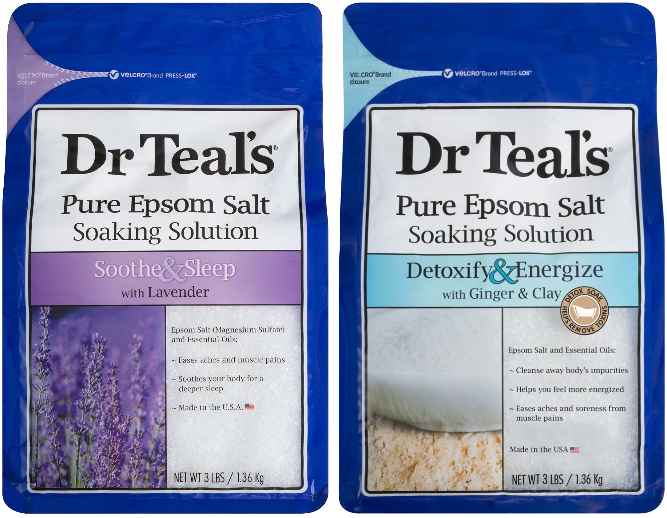 Dr Teal's Pure Epsom Salt Bath Variety Gift Set (2 Pack, 3lb Ea.) - Soothe & Sleep Lavender, Detoxify & Energize Ginger & Clay - Essential Oils Remove Harmful Toxins from Body, Promotes Better Sleep