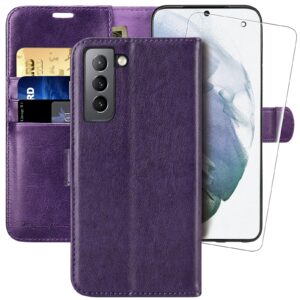 monasay wallet case compatible for galaxy s21 5g, 6.2 inch,[screen protector included][rfid blocking] flip folio leather cell phone cover with credit card holder, purple