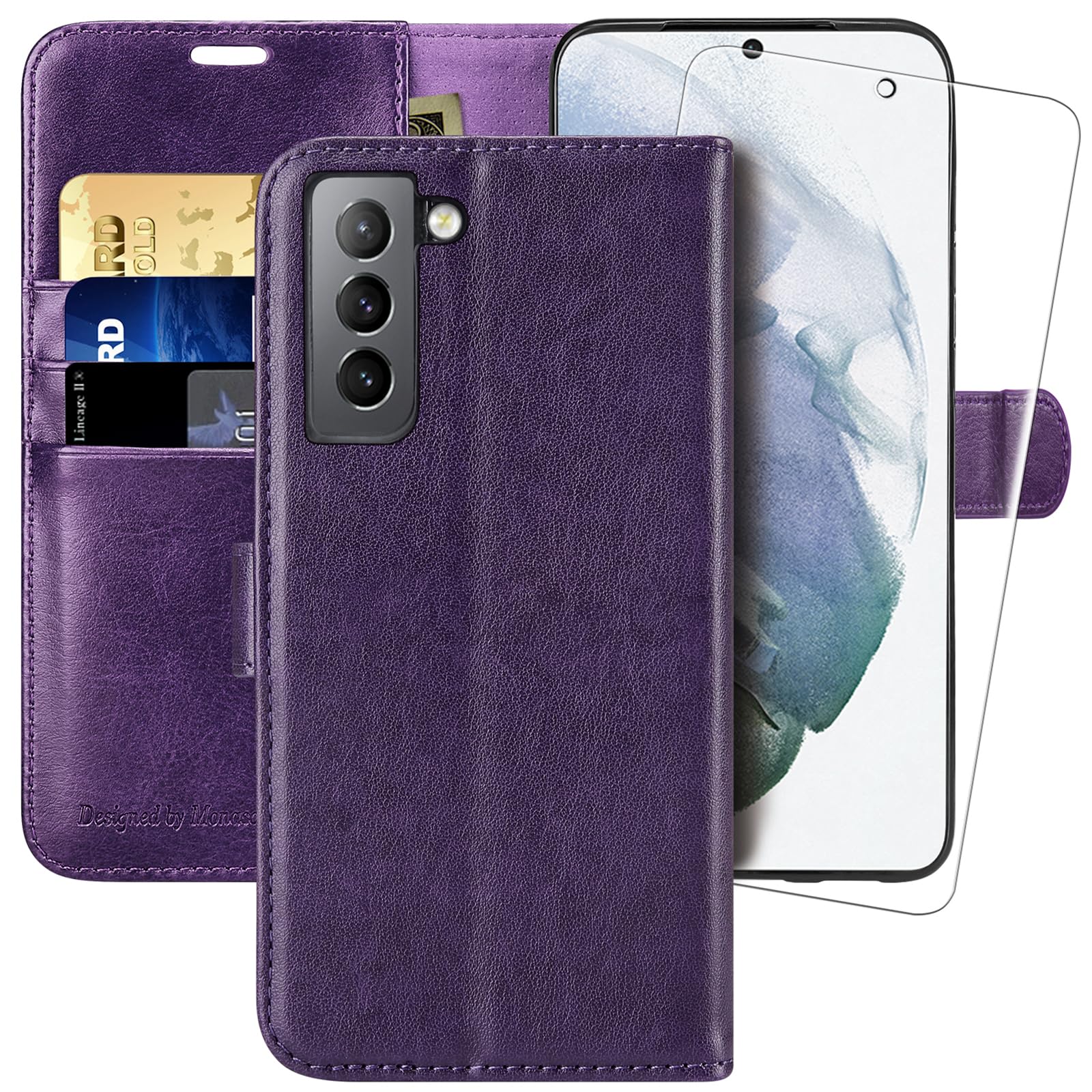 MONASAY Wallet Case Compatible for Galaxy S21 5G, 6.2 inch,[Screen Protector Included][RFID Blocking] Flip Folio Leather Cell Phone Cover with Credit Card Holder, Purple