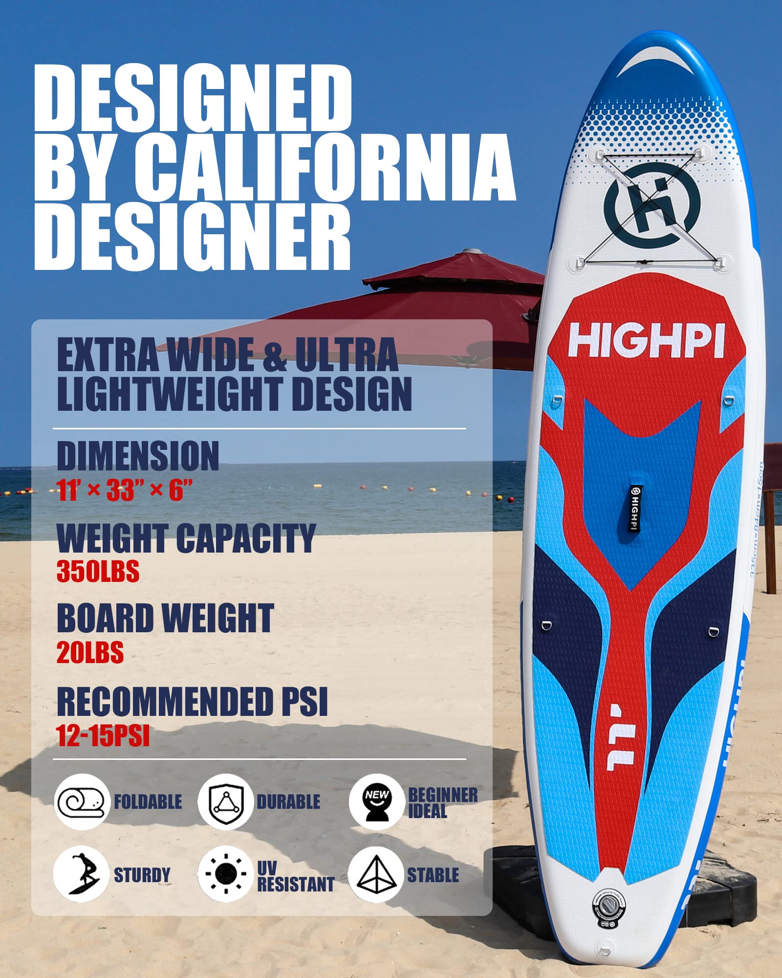 HIGHPI Inflatable Paddle Boards, 11'x33''x6'' SUP for Adults&Youth, Stand Up Paddle Boards with Accessories, Anti-Slip Deck, Stable Durable Lightweight, Suitable for Yoga Fishing Traveling