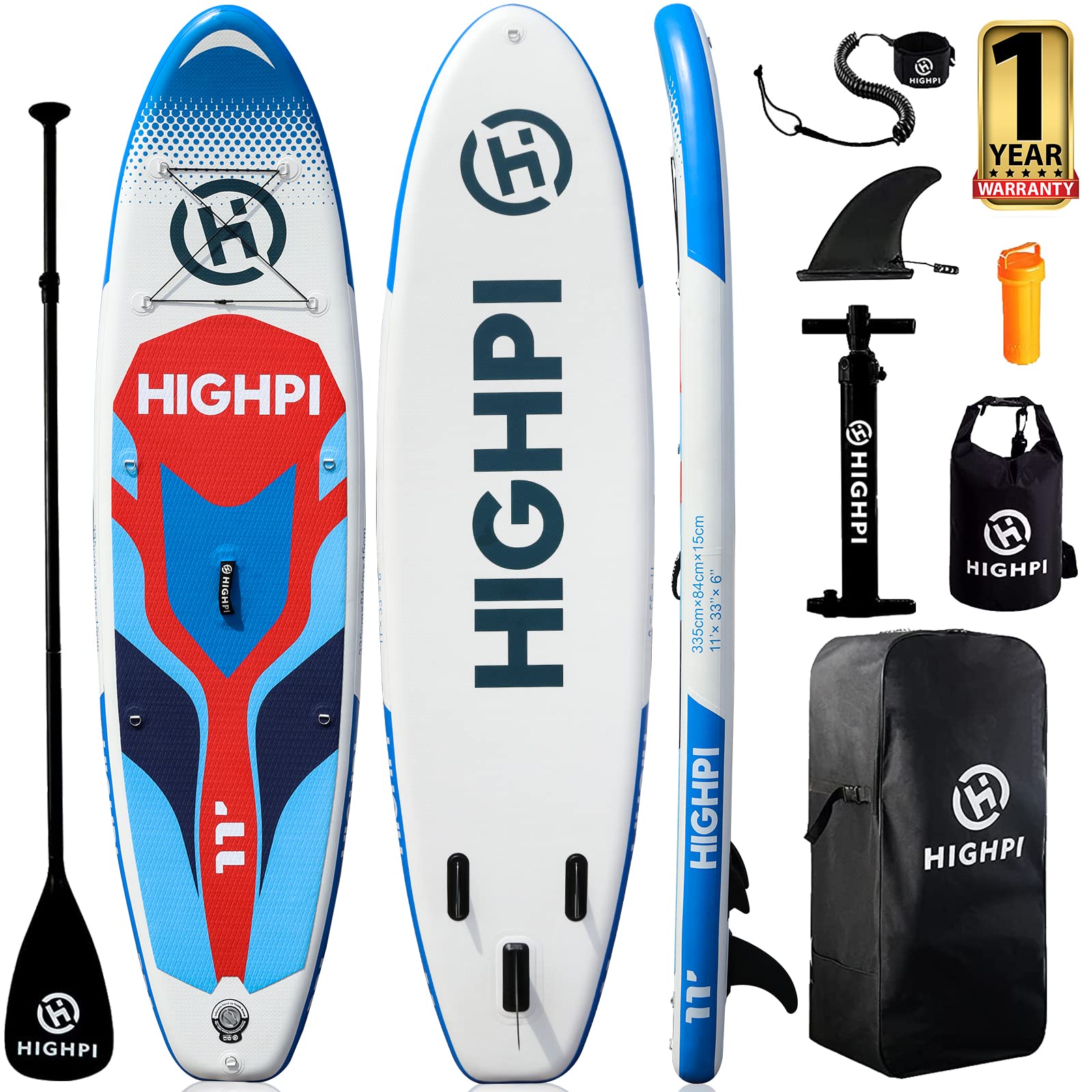 HIGHPI Inflatable Paddle Boards, 11'x33''x6'' SUP for Adults&Youth, Stand Up Paddle Boards with Accessories, Anti-Slip Deck, Stable Durable Lightweight, Suitable for Yoga Fishing Traveling