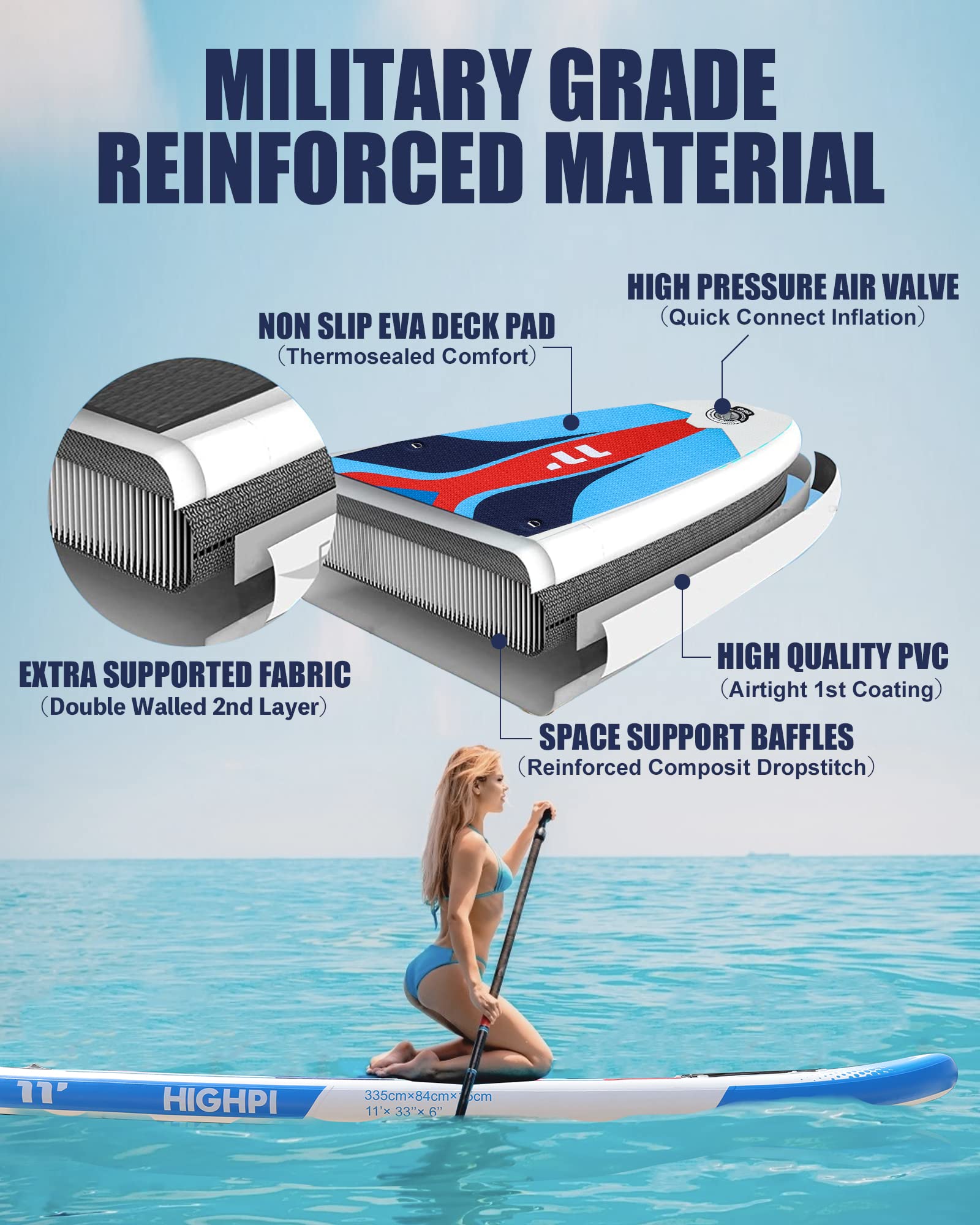 HIGHPI Inflatable Paddle Boards, 11'x33''x6'' SUP for Adults&Youth, Stand Up Paddle Boards with Accessories, Anti-Slip Deck, Stable Durable Lightweight, Suitable for Yoga Fishing Traveling