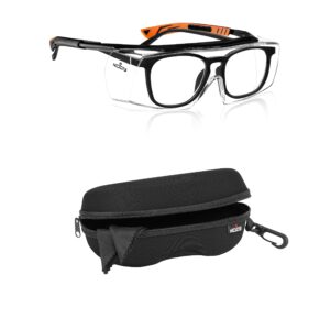 nocry safety glasses that fit over your prescription eyewear; uv400 protection; ansi z87 & storage case for safety glasses with felt lining, reinforced zipper and handy belt clip