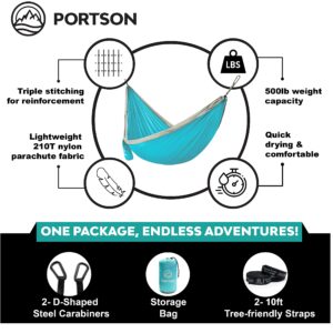 Portson Camping Hammock - Based in Madison - Double Hammock for Backpacking, Travel, Hiking - Portable Hammock - Tree-Friendly Straps Included