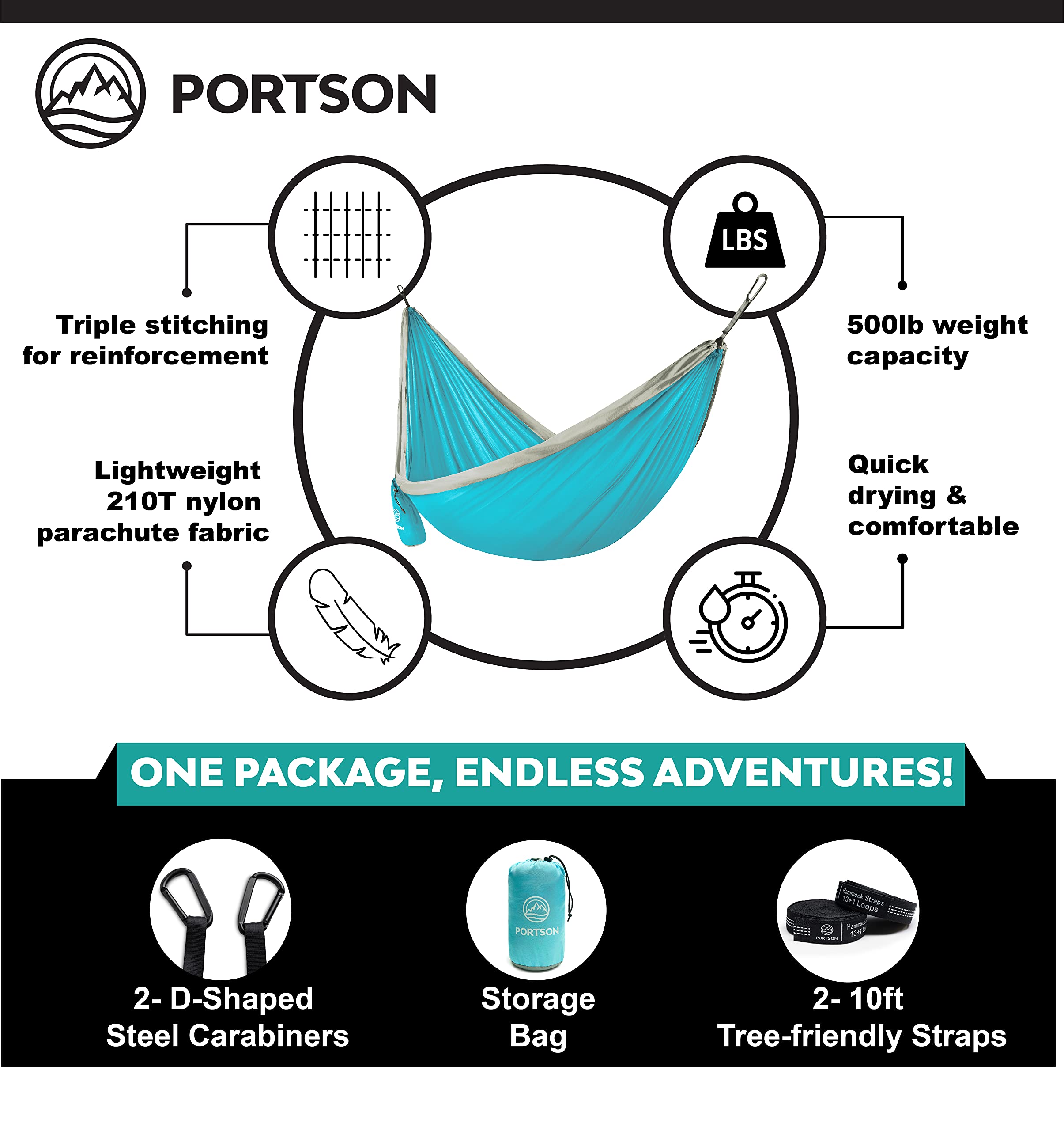 Portson Camping Hammock - Based in Madison - Double Hammock for Backpacking, Travel, Hiking - Portable Hammock - Tree-Friendly Straps Included