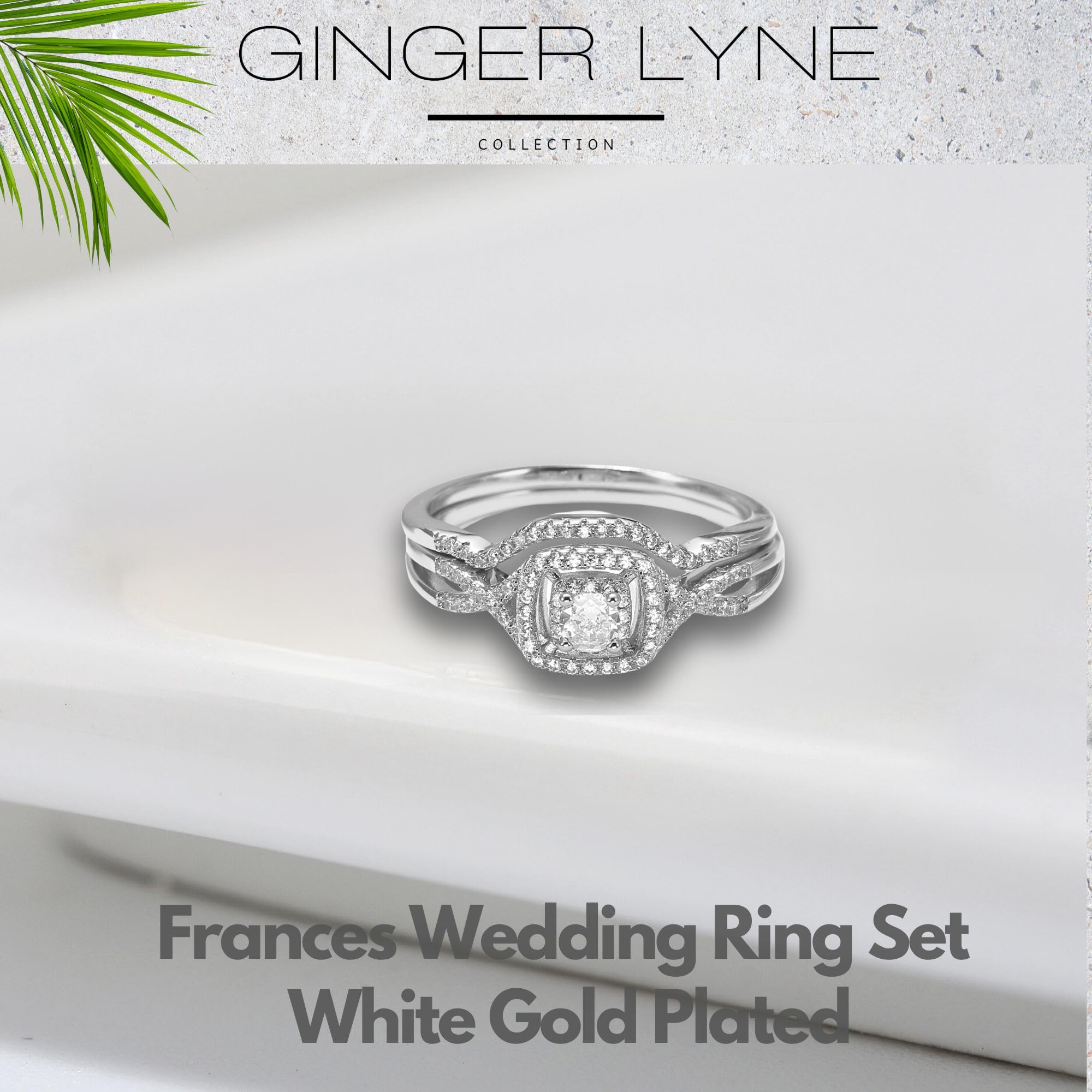 Square Halo CZ Engagement Rings for Women Set Plated White Gold Wedding Rings for Women by Ginger Lyne | Cubic Zirconia Bridal Rings Sets for Her | Half Eternity Wedding Band