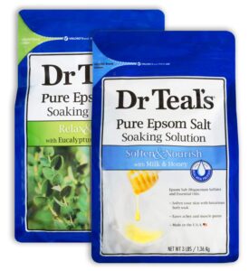 dr teal's epsom salt bath variety gift set (2 pack, 3lb ea.) - relax & relief eucalyptus & spearmint, soften & nourish milk & honey - essential oils blended with pure epsom salt eases pain & stress