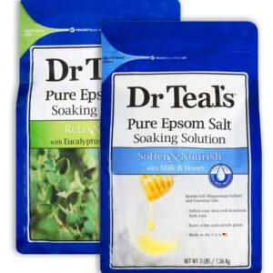 Dr Teal's Epsom Salt Bath Variety Gift Set (2 Pack, 3lb Ea.) - Relax & Relief Eucalyptus & Spearmint, Soften & Nourish Milk & Honey - Essential Oils Blended with Pure Epsom Salt Eases Pain & Stress